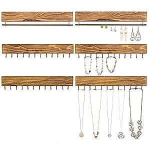 MyGift 6-Piece Burnt Wood Hanging Jewelry Organizer - Wall Mounted Bracelet and Necklace Holder Rack Set with Hooks and Hanger Bar