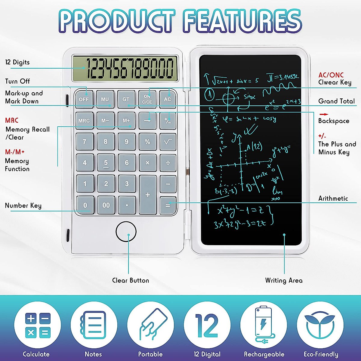Hion Calculators,12-Digit Large Display Rechargeable Pocket Office Desktop Calculator with Erasable Wiriting Tablet,Mute Basic Desk Calculators with Doodle Pad for Student Home School,White