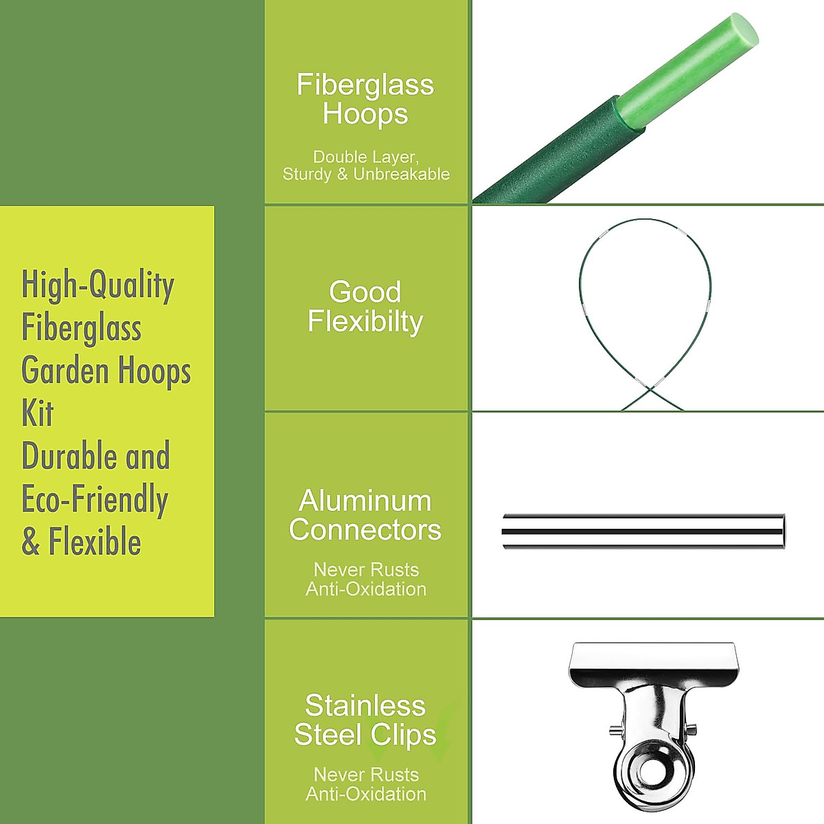 60 PCS Greenhouse Hoops Grow Tunnel 10 Sets of 8.5 FT Long Garden Hoops Kit, RIFNY Rust-Free Fiberglass Raised Beds Hoops for Garden Netting, DIY Garden Support Hoops Arch Frame