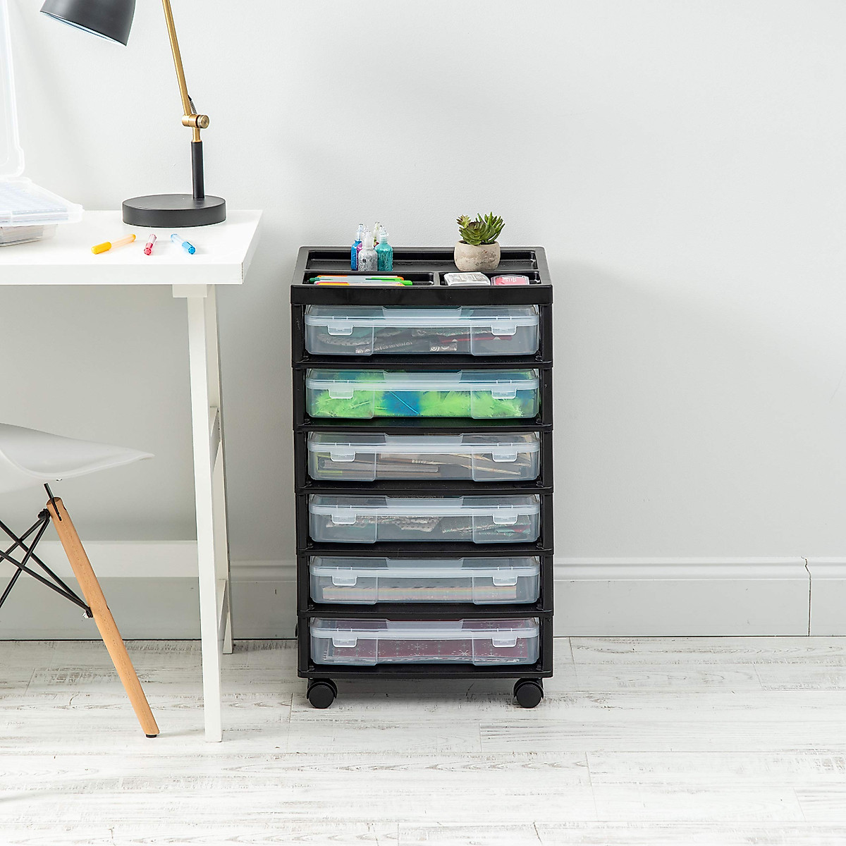 IRIS 4-Drawer Rolling Storage Cart with Organizer Top, Black with IRIS 6-Drawer Scrapbook Cart with Organizer Top, Black