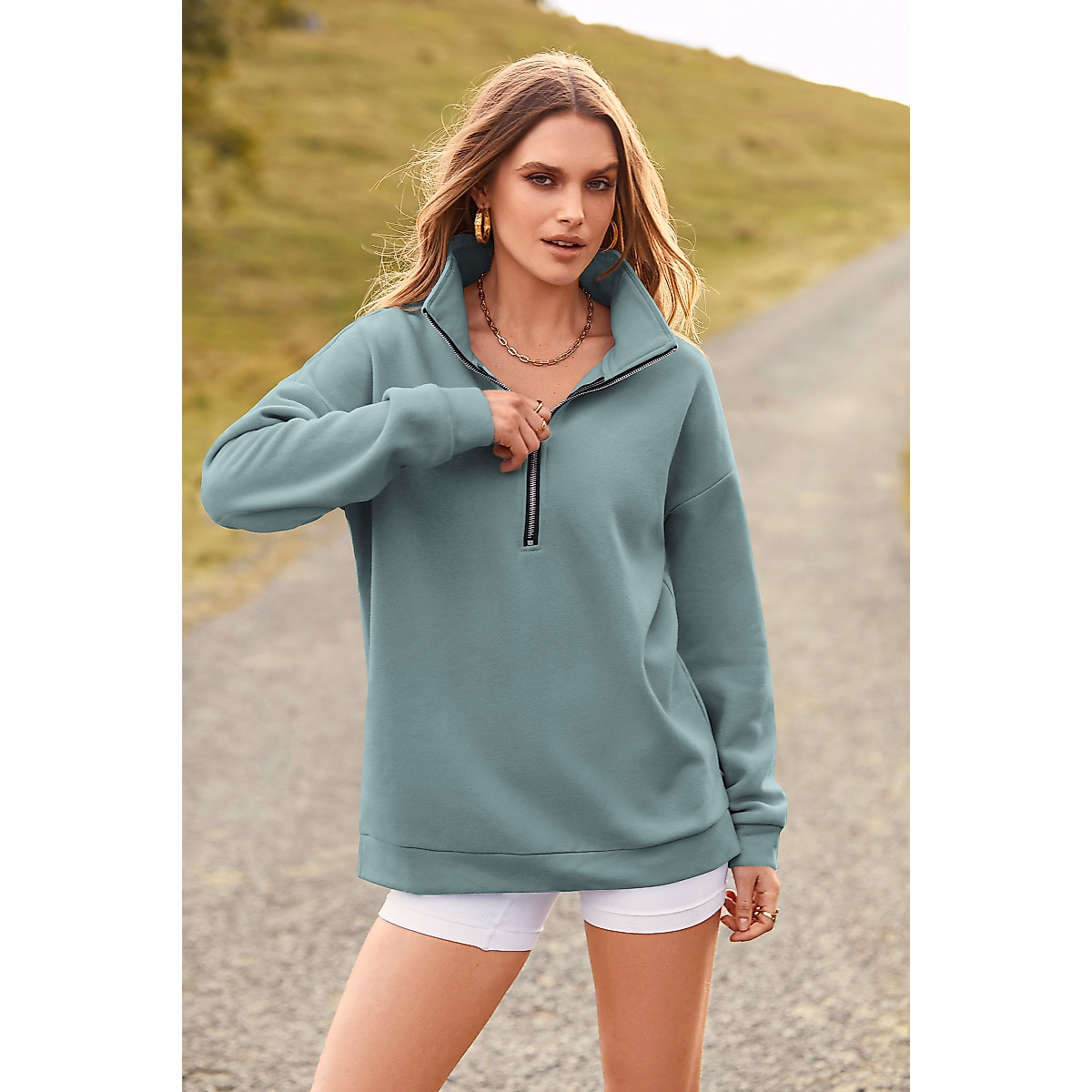 PRETTYGARDEN Women Causal 1/4 Zip PulloverLong Sleeve Collar Sweatshirts Solid Activewear Running Jacket (Green, Large)