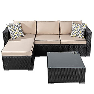 JAMFLY 3-Piece Outdoor Patio Furniture Sofa Set, All-Weather Black Rattan Furniture Sets with Tea Table and Cushions, Wicker Sectional Couch for Backyard, Balcony, Porch or Deck Khaki Black