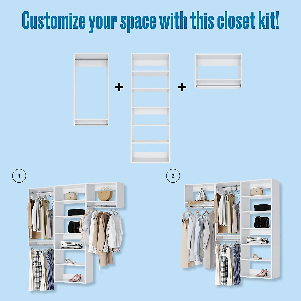 Closet Kit with Hanging Rods & Shelves - Corner Closet System - Closet Shelves - Closet Organizers and Storage Shelves (White, 66 inches Wide) Closet Shelving