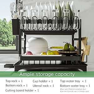 CHIACHIA Dish Drying Rack for Kitchen Counter, 2 Tier Dish Drying Rack with 2 Drainboard, Dish Rack and Drainboard Set with Knife and Fork Holder, Black Carbon Steel Large Capacity Dish Drainer