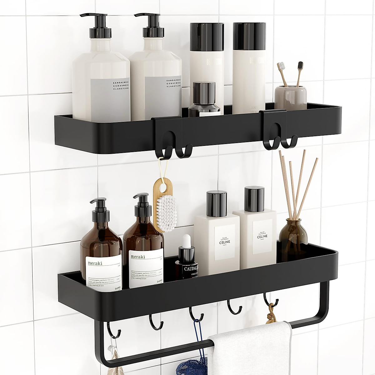 Big Lighting Deals Shower Caddy With Hooks And Towel Bar, Self Adhesive Shower Shelves For Bathroom Wall, Rust Proof Shower Shelf For Inside Shower, Shower Organizer, Black, No Drill, 2 Pack