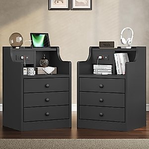 Tiptiper Black Nightstand with Charging Station 3 Drawers, Wood Sofa End Side Table with USB Ports and Outlet, Bedside Table Bedroom Nightstand with Sliding Drawer & Hutch