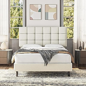 Yaheetech Full Upholstered Bed Frame, Platform Bed Frame with Square Tufted Fabric Headboard Height Adjustable, Wooden Slats Support, No Box Spring Needed, Beige