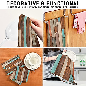 ALAZA Teal Gray Brown Farmhouse Wood Planks Decorative Kitchen Dish Towels Set of 4,Soft and Absorbent Kitchen Hand Towels Home Cleaning Towels Dishcloths,18 x 28 Inch