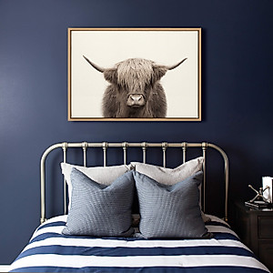 Kate and Laurel Sylvie Hey Dude Highland Cow Color Framed Canvas Wall Art by The Creative Bunch Studio, 23x33 Natural, Chic Animal Art for Wall