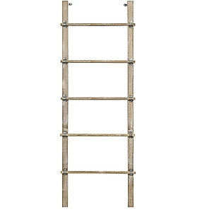 MyGift Solid Wood Vintage Brown Washed Wall Leaning Quilt Ladder, Farmhouse Bathroom Ladder Holder Rack with Rustic Metal Cuffs