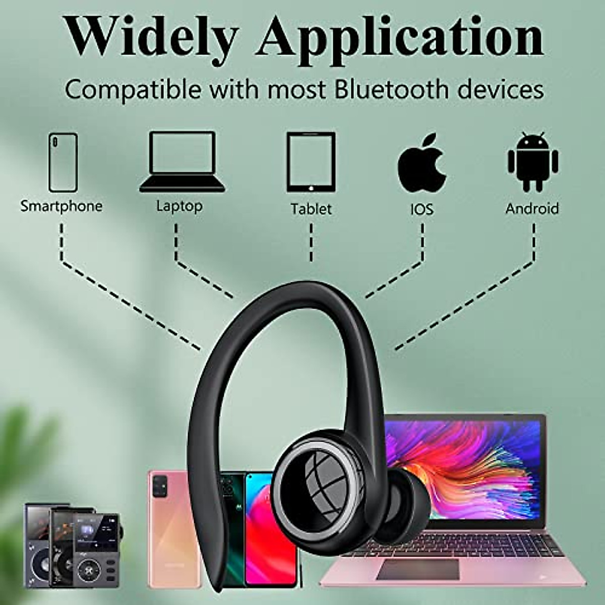 ELOVEN Bluetooth Headset, Single Ear Earpiece Earphone with Hook, Noise Cancelling Headset with Mic for Business Sports Drive, Wireless Headphone Cell Phone Earpiece for iPhone Samsung Android, Black