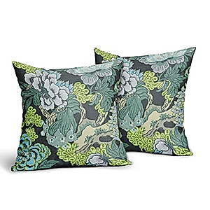 Sweetshow Green Flowers Pillow Covers 2 Packs 18x18 Inch Vintage Floral Stone Turquoise Throw Pillows Linen Chinoiserie Decor Cushion Cover for Patio Furniture Sofa Bedroom Indoor Outdoor