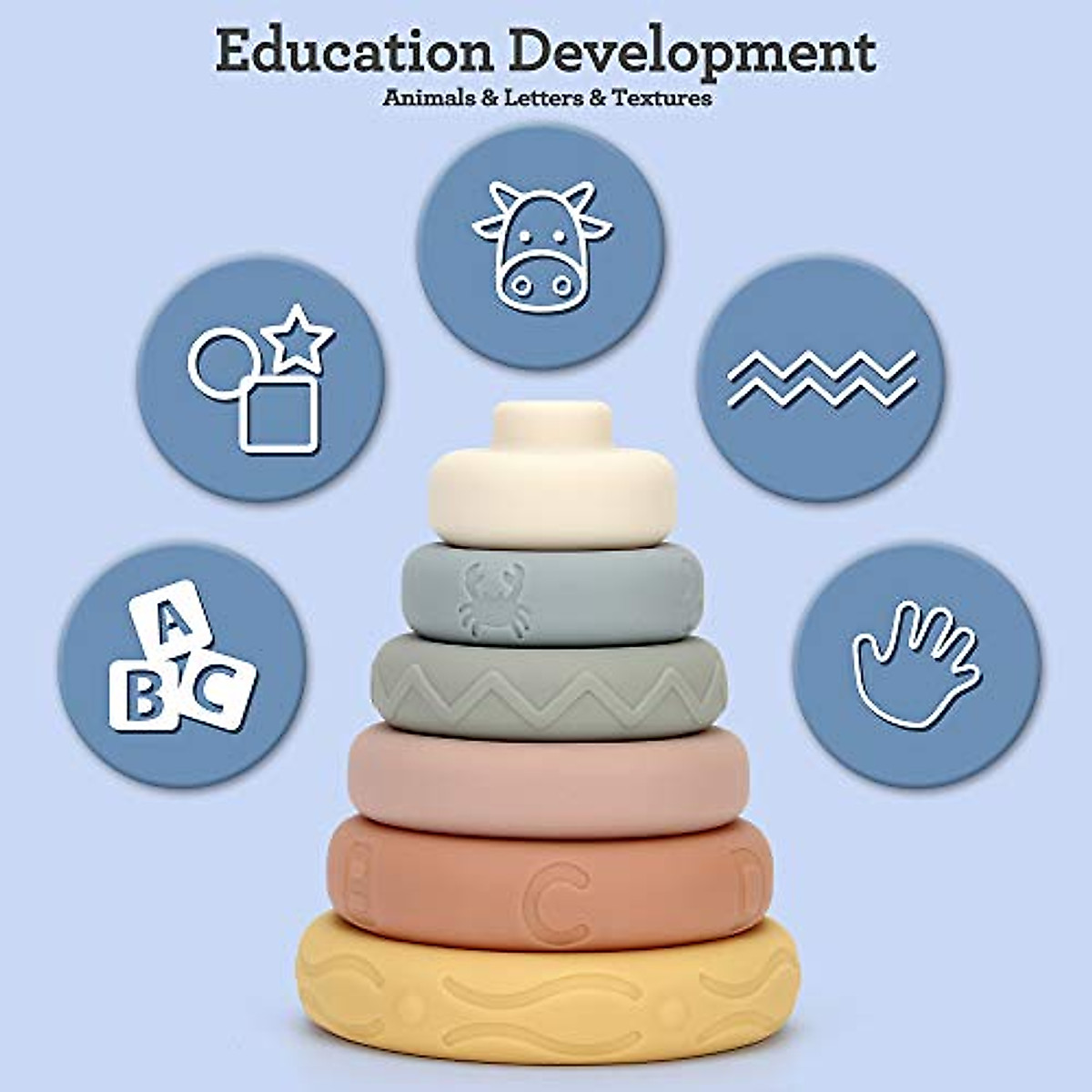 Mini Tudou 6 PCS Baby Stacking & Nesting Toys, Soft Stacking Blocks Ring Stacker, Baby Sensory Teether Toys with Letter, Animal and Shape, Early Learning Toys for Babies Toddlers Kids 6 Months