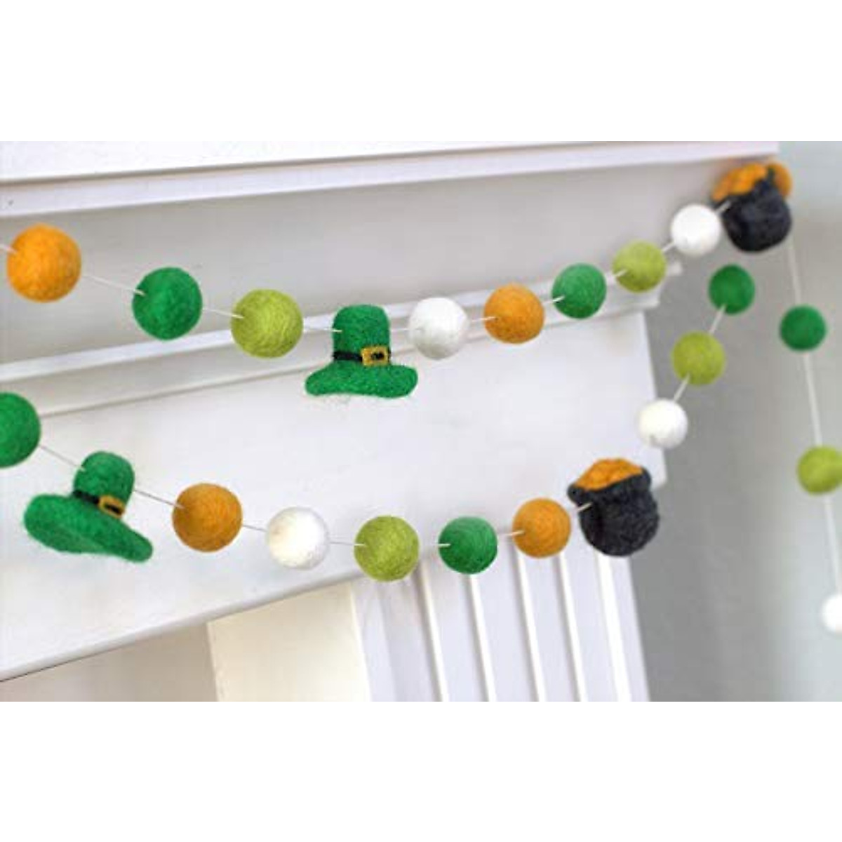 Leprechaun & Pot of Gold Felt Ball Garland- Gold & Shades of Green St. Patrick's Day Garland- 1" (2.5 cm) Wool Felt Balls