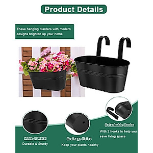 vensovo Metal Railing Planter for Outdoor Plants - 3 Pack Balcony Hanging Flower Pots with Detachable Hooks and Drain Holes Oval Bucket Rail Box Fence Planters for Home Garden Decor, Black