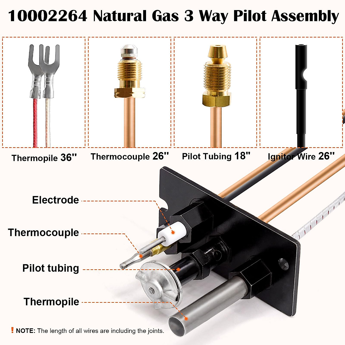 Hiorucet 10002264 Natural Gas 3 Way Pilot Assembly Kits for HHT, Majestic, Monessen, Temco, and Vermont Castings Fireplaces, SRV10002264 Pilot Assembly Replacement Parts with Thermocouple, Thermopile.