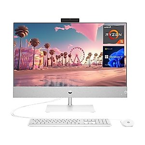 HP Pavilion All-in-One Desktop, 27” FHD Display, AMD Ryzen 5 5500U Processor, 16GB RAM, 1TB SSD, Wi-Fi 6, Webcam, HDMI, RJ-45, Wired KB & Mouse, Windows 11 Home, White