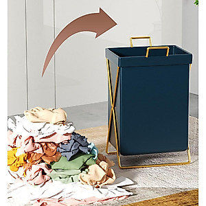 SYALEO X-Frame Collapsible Laundry Basket w/Leather Bag Sorter Organizer Black/Gold Metal Frame Laundry Hamper Luxury Folding Dirty Clothes Basket for Dorm Apartment