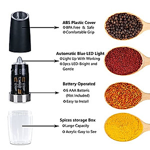 Electric Salt and Pepper Grinder Set, Gravity Sensor, Automatic Pepper Mill, One Hand Operation, Battery-Operated with Adjustable Coarseness, Blue Led Light (Black 2 Pack)