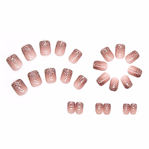 Pink Press on Nails Square, Short Fake Nails with Glitter Pattern,Glue on nails for Women Girls DIY Nail Manicure, Includes Prep Pad, Mini File, Cuticle Stick, Glue, Jelly Glue and 24 False Nails