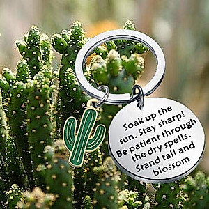 FEELMEM Saguaro Cactus Keychain Soak Up The Sun Stand Tall and Blossom Inspirational Cacti Charms Keychain for Friend Plant Lover Gift (silver)