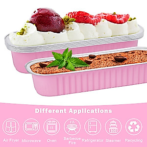 ylnurac 100Pack Pink Mini Cake Pans with Lids Mini Loaf Pans and Spoons and Stickers, 6.8Oz Aluminum Foil Pans Tins, Individual Dessert Cups Containers for Sales,Party,Picnic