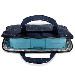 Yumbox Poche (Midnight Blue with Gold Stars) Slim Design Insulated Lunch Bags for Women, EVA Lined Sleeve with tuck away Handles, Exterior Pockets. Fits all Bento Boxes. School, work, travel