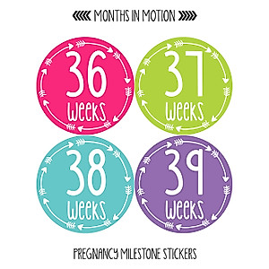 Months In Motion Pregnancy Weekly Belly Growth Stickers - Week to Week Pregnant Expecting Photo Prop - Maternity Keepsake - Baby Bump - Large Set of 36 Weekly Photo Sticker