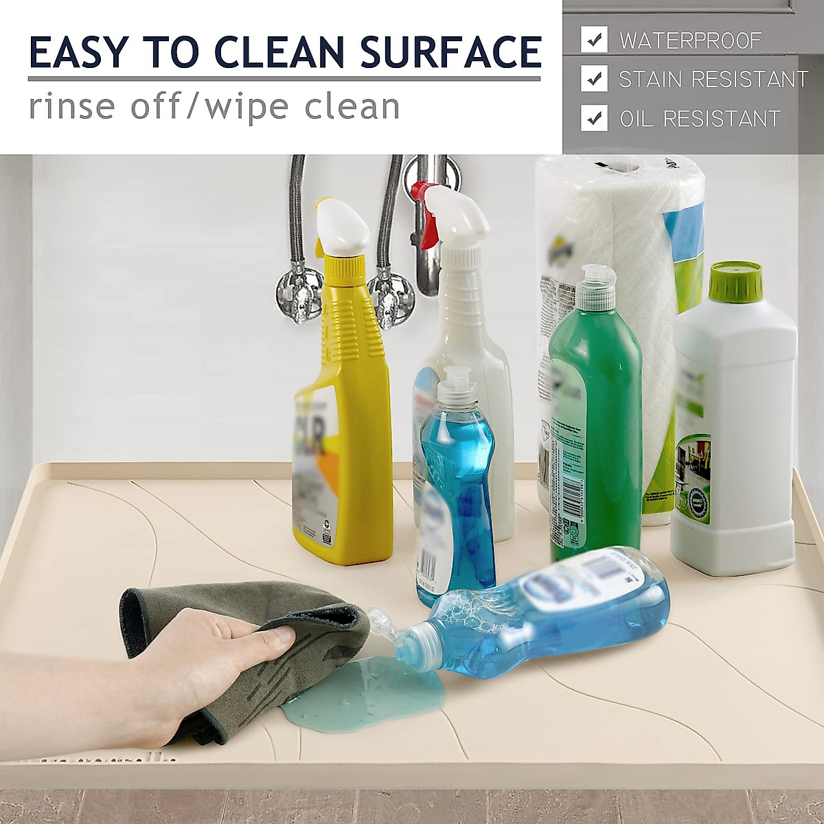 Vangostella Premium Under Sink Mats for Kitchen Waterproof 34" x 22", Extra Thick Non-Slip Silicone Under Sink Liner Drip Tray, Raised Edge Under Sink Cabinet Mat,Prevent Drips, Leaks, Spills,Beige