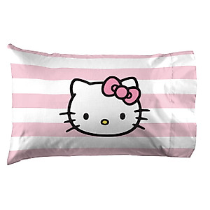 Jay Franco Hello Kitty Pink Stripes & Hearts Twin Size Sheet Set - Super Soft 3 Piece Bedding Set - Microfiber Sheets Include Reversible Pillow Cover