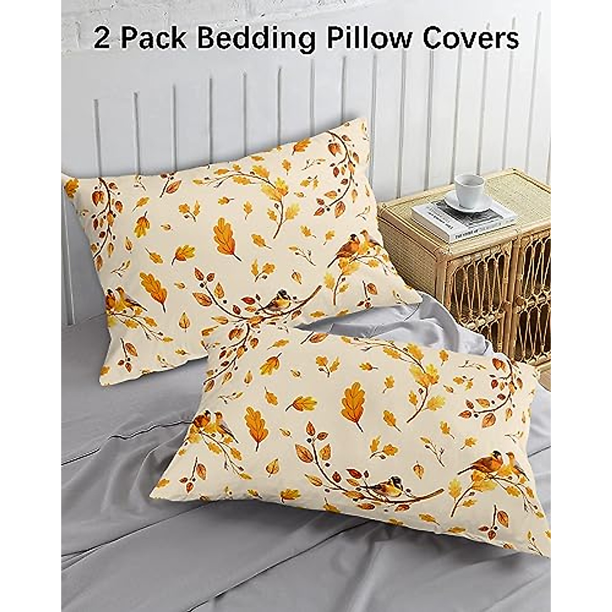 Edwiinsa Autumn Leaves Pillow Covers King Standard Set of 2 Bed Pillow, Farmhouse Fall Forest Maple Birds Plush Soft Comfort for Hair/Skin Cooling Pillowcases with Envelop Closure 20x36 Inches