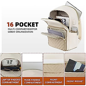 KINGSLONG 15.6 inch Laptop Backpack for Women Work Computer Bag with USB Port, Waterresistant Backpacks Travel Bags Casual Daypacks for College, Business, Beige