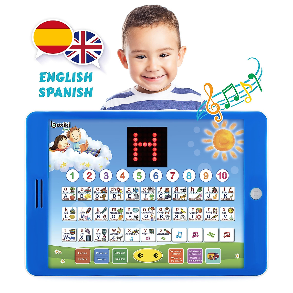 Boxiki kids Spanish-English Learning Bilingual Tablet Educational Toy with LED Screen Display. Learn Spanish and English with ABC Games and Spelling. Kids Love Our Interactive Educational Toys