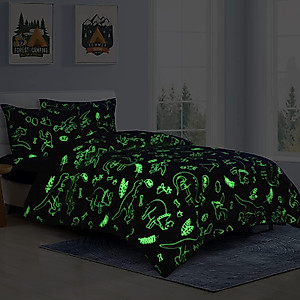 HOMBYS Glow in The Dark Comforter Set 7 Piece Full with Sheets, Blue Dinosaur Velvet Bedding Comforter Sets for Twin Bed, Ultra Soft Down Alternative Comforter for Boys Kids, Bed in a Bag