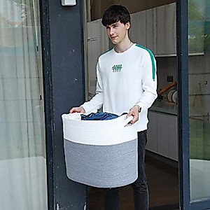 22”x14”x18” Rectangular Extra Large Storage Basket with Lid, Cotton Rope Storage Baskets, Laundry Hamper, Toy Bin, for Toys Blankets Storage in Living Room, Baby Nursery, Grey Basket with Lid