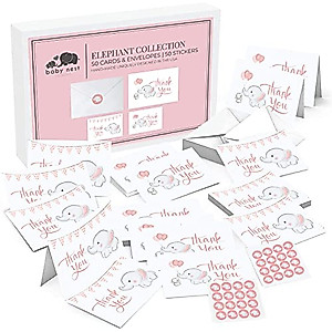 Baby Shower Thank You Cards with Envelopes for Girl. 50 Elephant Pink Thank You Cards Baby Shower with Envelopes for Baby Thank You Notes - Blank Inside Baby Shower Card Pack with Sealing Stickers…