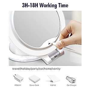 FASCINATE Magnifying Mirror 10X 1X Double Sided Magnification Makeup Vanity Mirror Rechargeable Lighted Mirror with 3 Color Setting Adjustable Rotation LED Vanity Desk Mirror White(Not Include Bag)
