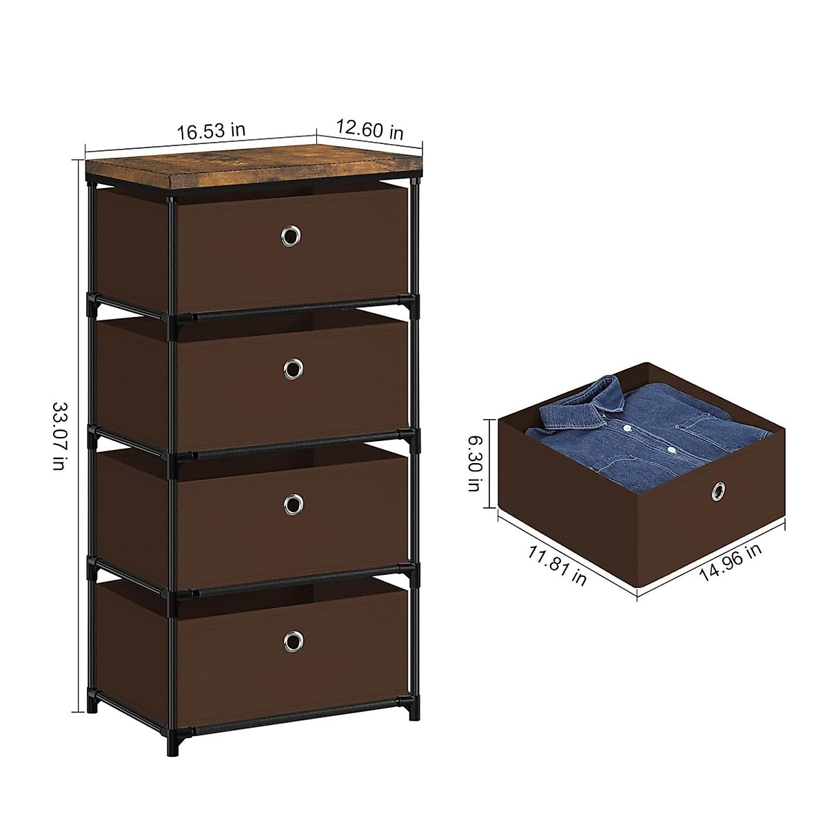 MOOACE Fabric Storage Dresser with Drawers, 4 Drawers Clothes Organizer and Storage Tower for Bedroom, Small Fabric Storage and Chest of Drawers, Brown