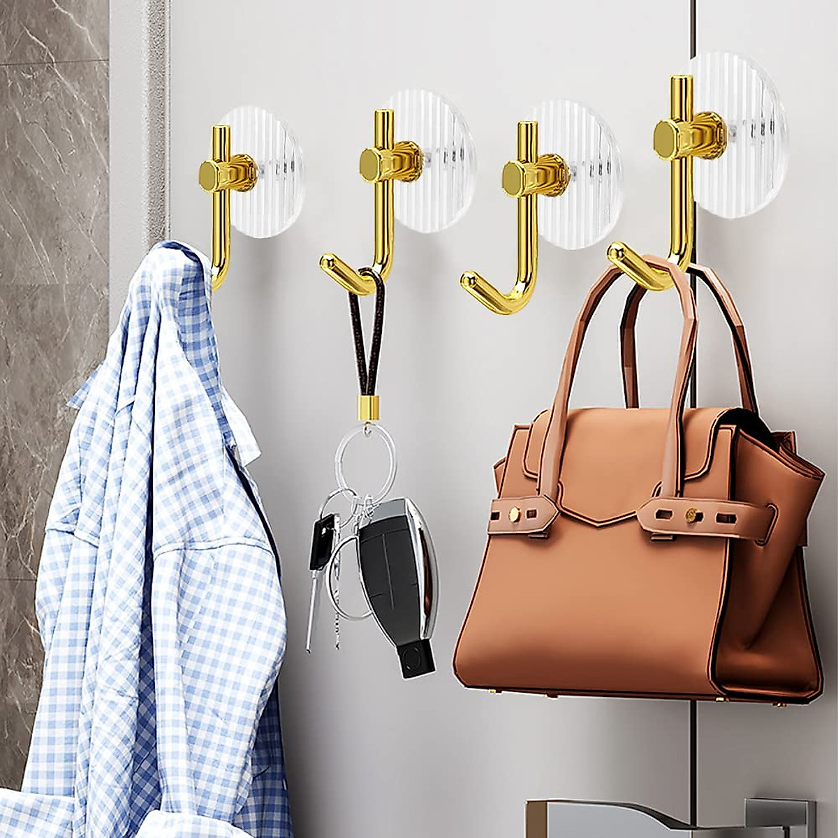 Thinslimer 8 Pack Adhesive Hooks Acrylic Wall Hooks Decorative Gold Towel Hook Strong Adhesive Wall Tools for Hanging Towels Hats Bags Keys (Gold)