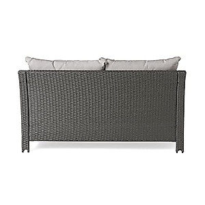 Christopher Knight Home Antibes Outdoor Wicker Loveseat and Table Set with Water Resistant Cushions, 2-Pcs Set, Grey / Silver