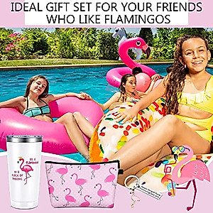 3 Pcs Flamingo Gifts for Women Including Cute Flamingo Stainless Steel Wine Tumbler with Straw and Brush Motivational Flamingo Keychain and Cosmetic Bag (Flamingo, 20 oz)