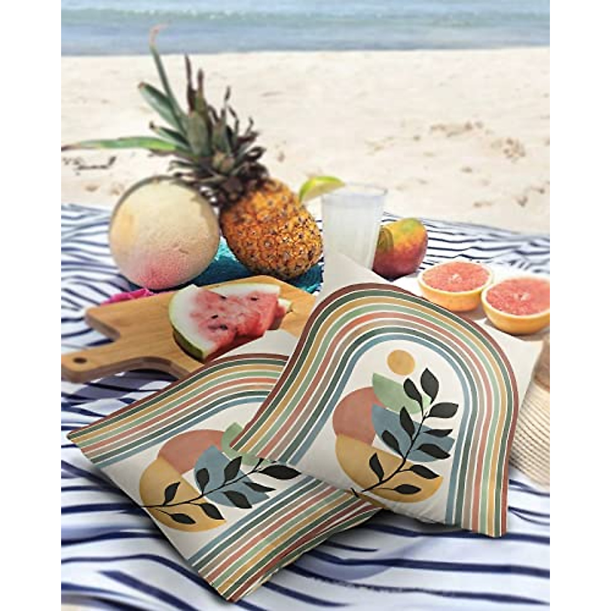 Outdoor Pillow Covers Waterproof, Boho Geometry Throw Pillowcase Decorative Cover, Rainbow Striped Middle Century Northern Europe Garden Cushion Case Set of 2 for Sofa, Couch, Tent, Patio 16"x16"