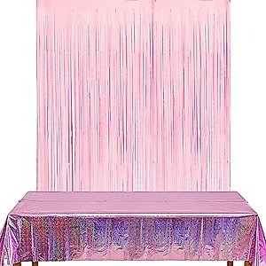 GREATRIL Pastel Pink Foil Fringe Curtains 2 Packs and Pink Party Table Cloths 2 Packs for Party Backdrop Decorations