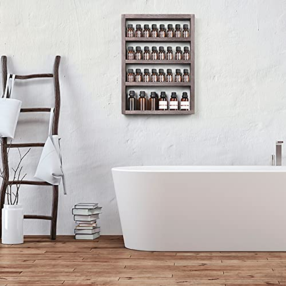 ETELI Essential Oil Storage Rack 4 Tier Wall Mounted Wooden Display Shelf Holder Nail Polish Organizer with Groove Inside for Bedroom Bathroom Powder Room, Rustic Brown