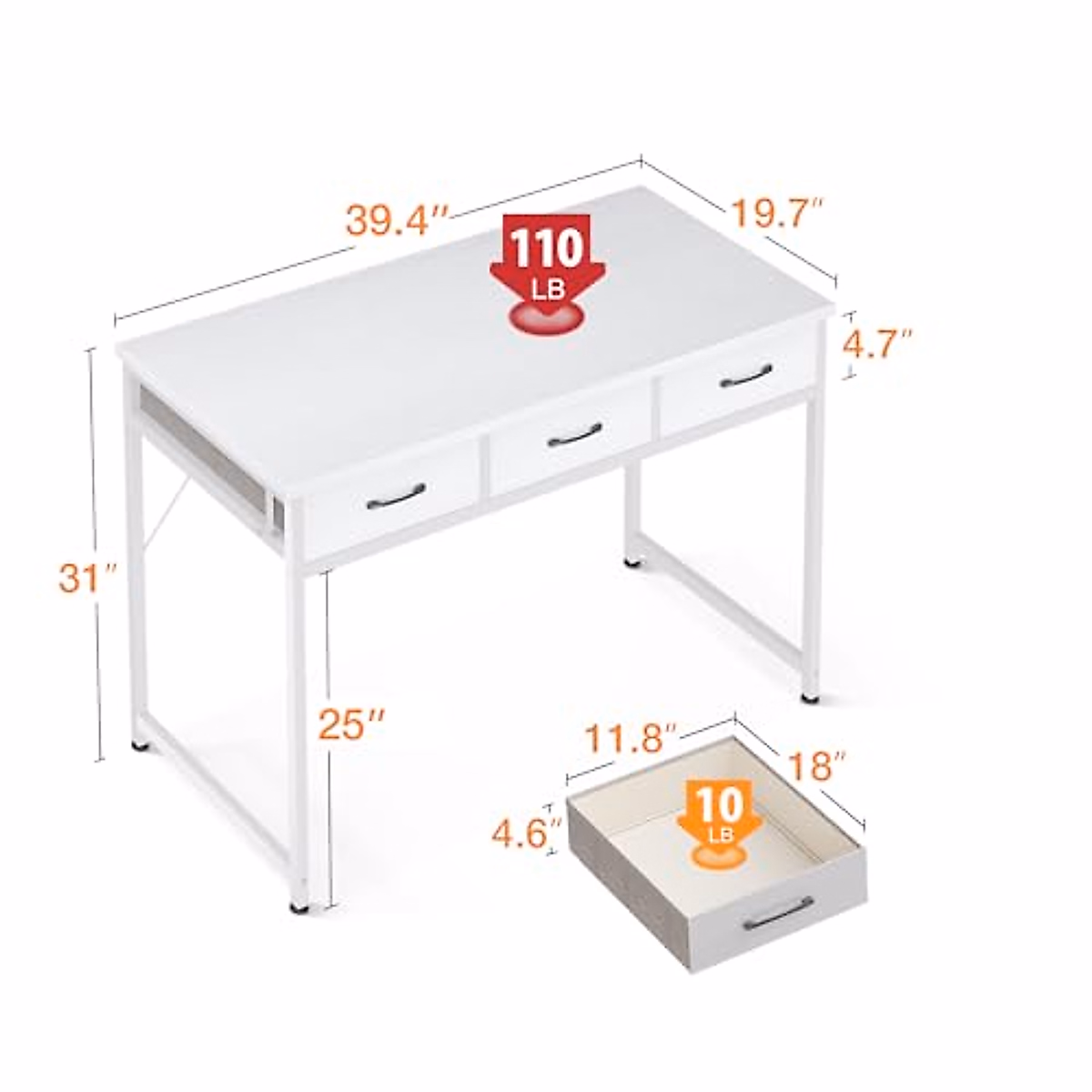 ODK 40 Inch Small Computer Desk with 3 Cloth Drawers for Home Office, Vanity Desk with Storage and Hook for Bedroom, Work Desk, Study Writing Table, White