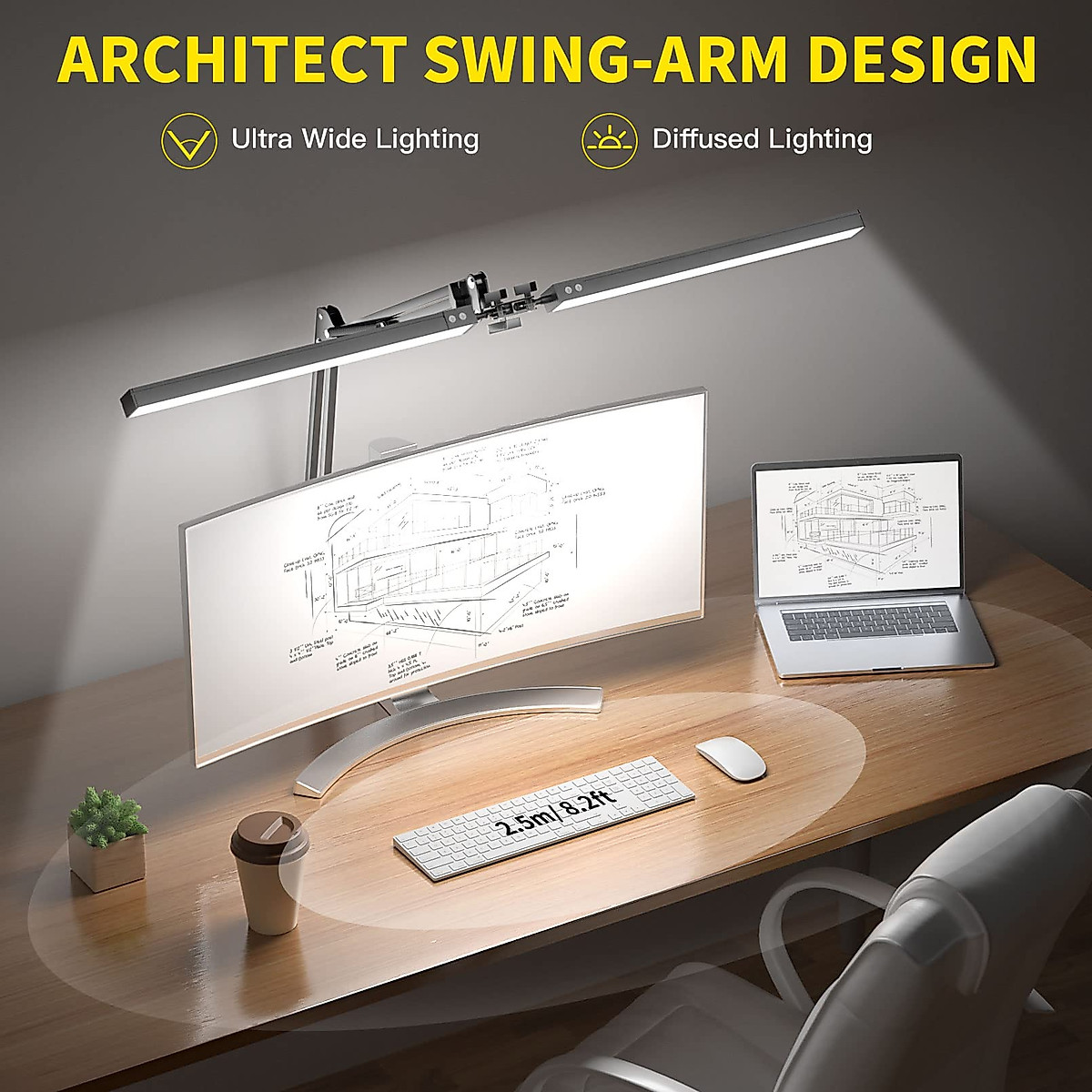 CHICLEW LED Desk Lamp for Home Office, 24W Swing Arm Double-Head Table Lamps, 3 Colors Lighting & Stepless Dimming Architect Reading Desk Light, Adjustable Eye-Caring Clamp Light for Study Relax Work