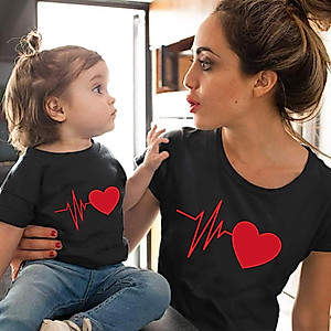 Heartbeat Love Funny Mom Son Daughter Matching T-Shirts Mother & Daughter Matching Set Mom & Baby Shirts Black