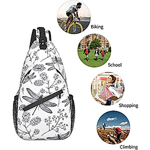 Sling Bag Dragonfly Botanical Flower Hand Drawn Hiking Daypack Crossbody Shoulder Backpack Travel Chest Pack for Men Women