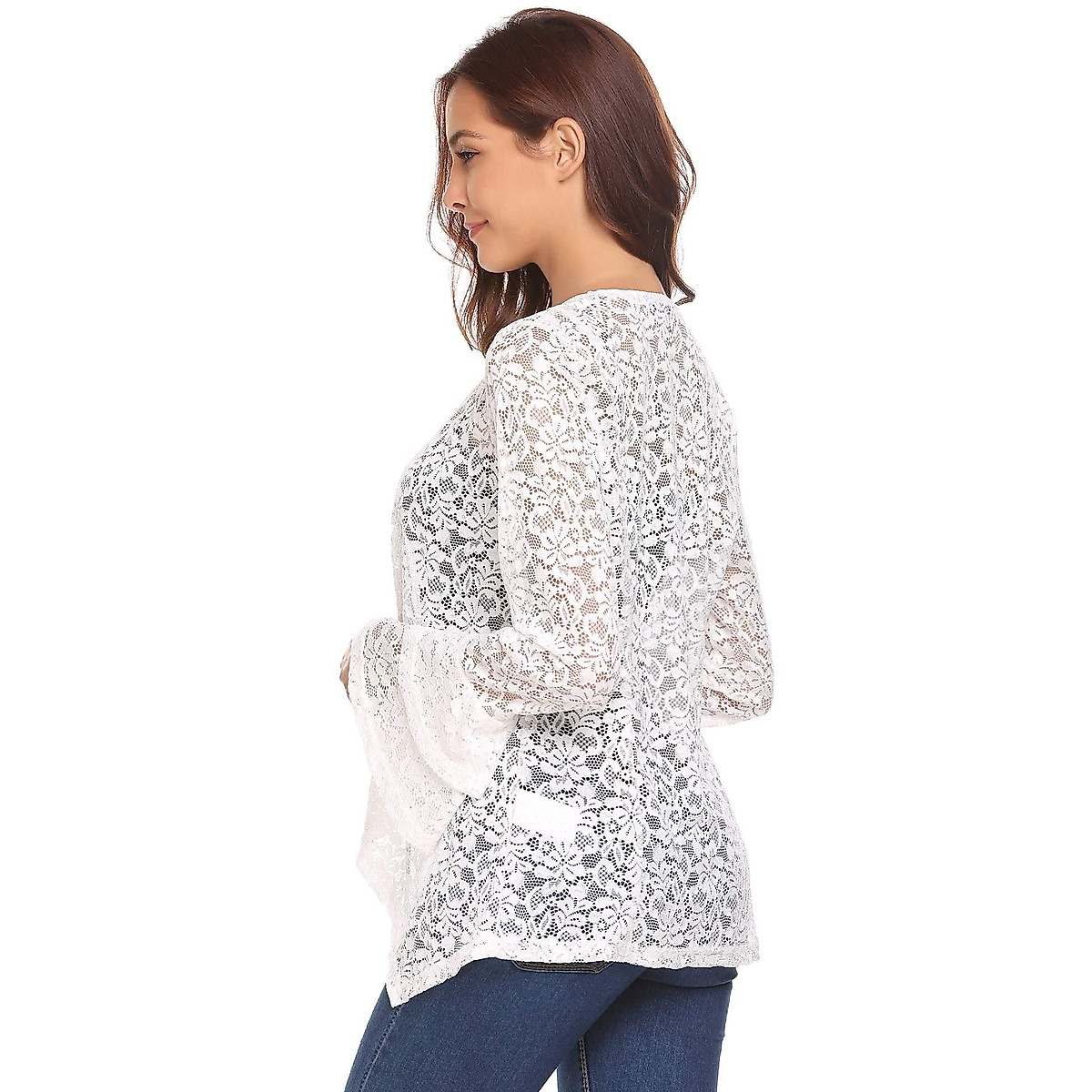 Deawell Womens Ruffle Sleeve Lace Cardigans Ladies Sheer See Through Cover Up Jacket (White, M)