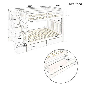 ATY Full Over Full Bunk Bed with Stairs and 6 Storage Drawers, Wood Stairway Bedframe w/ 3 Shelves, Can be Divided into Two Beds, No Box Spring Needed, Gray